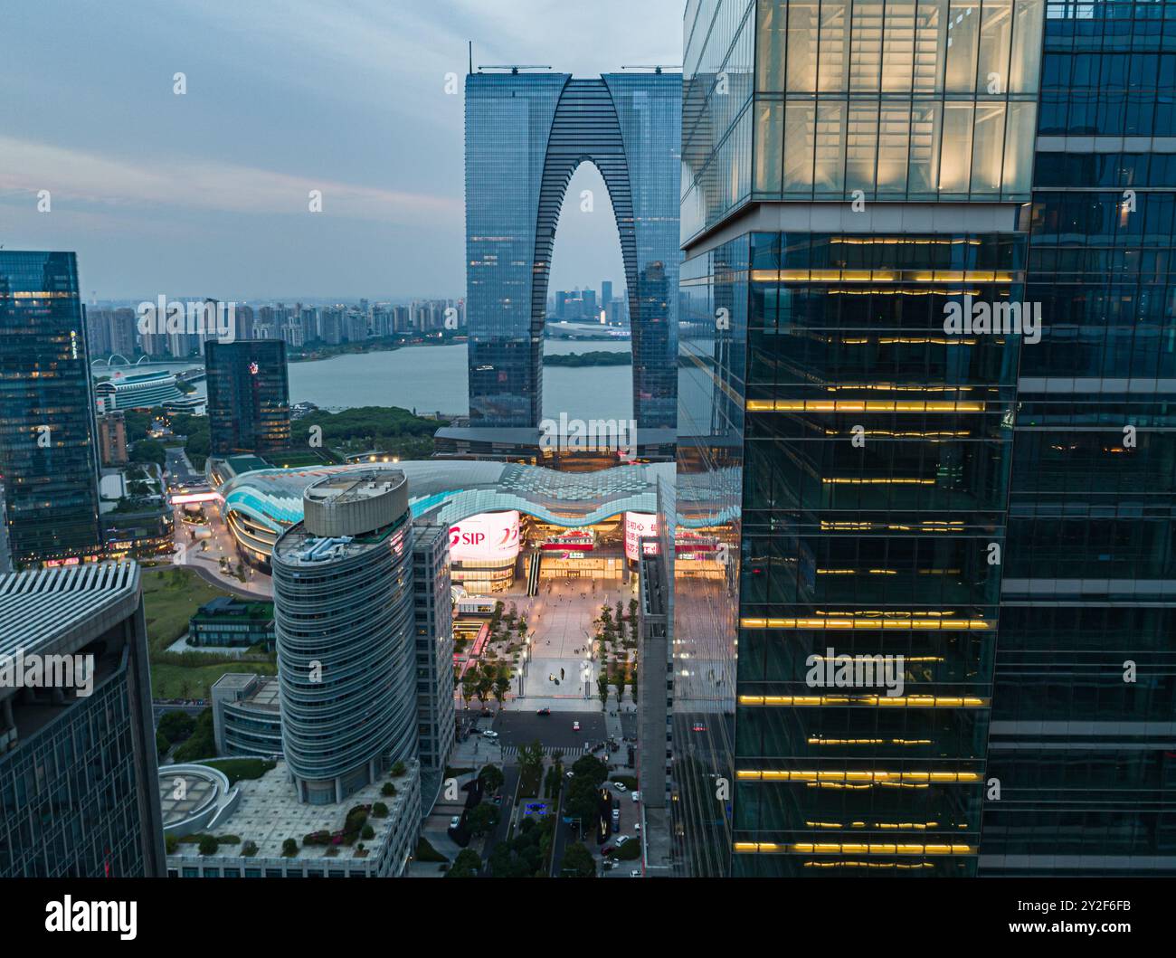 Suzhou, China - June 12, 2019: Aerial view of a modern city skyline ...