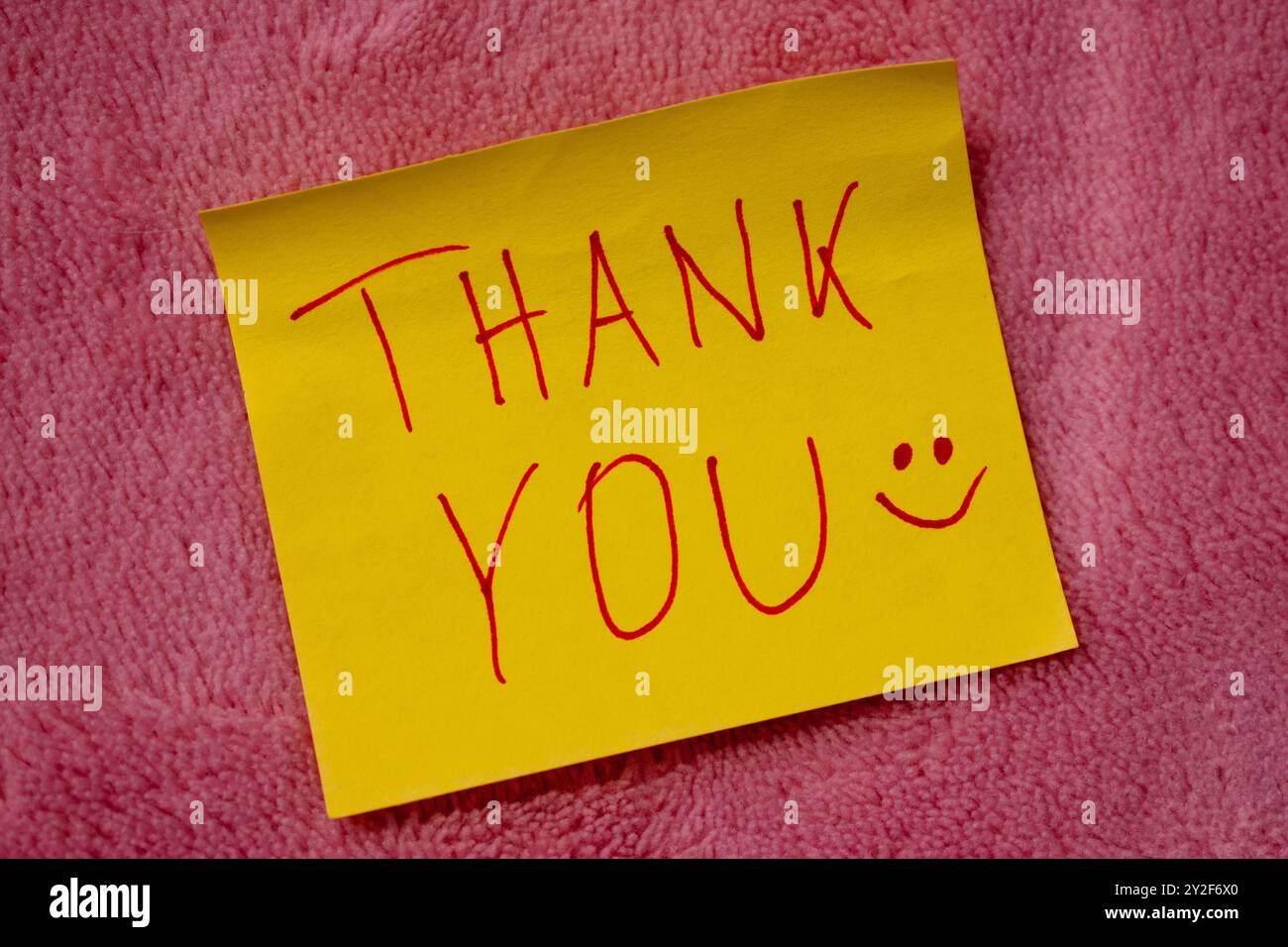 Sticky note with the words Thank you written neatly in bold, black ink ...
