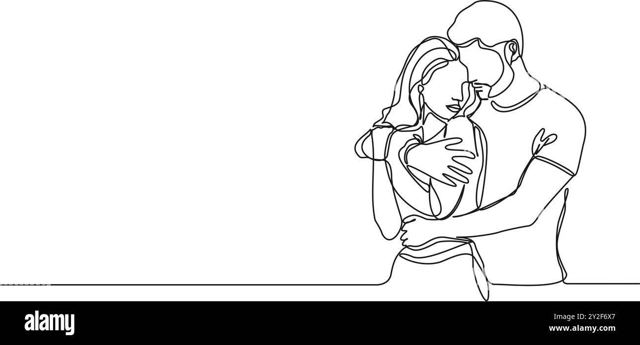 continuous single line drawing of man and woman hugging each other, line art vector illustration ...