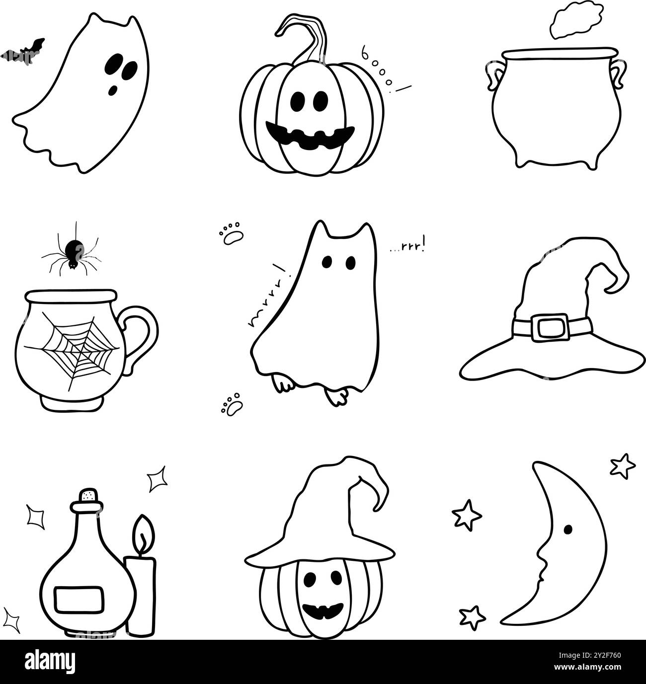 Traditional Halloween symbols: ghosts, ghost cat, pumpkin, witch hat ...