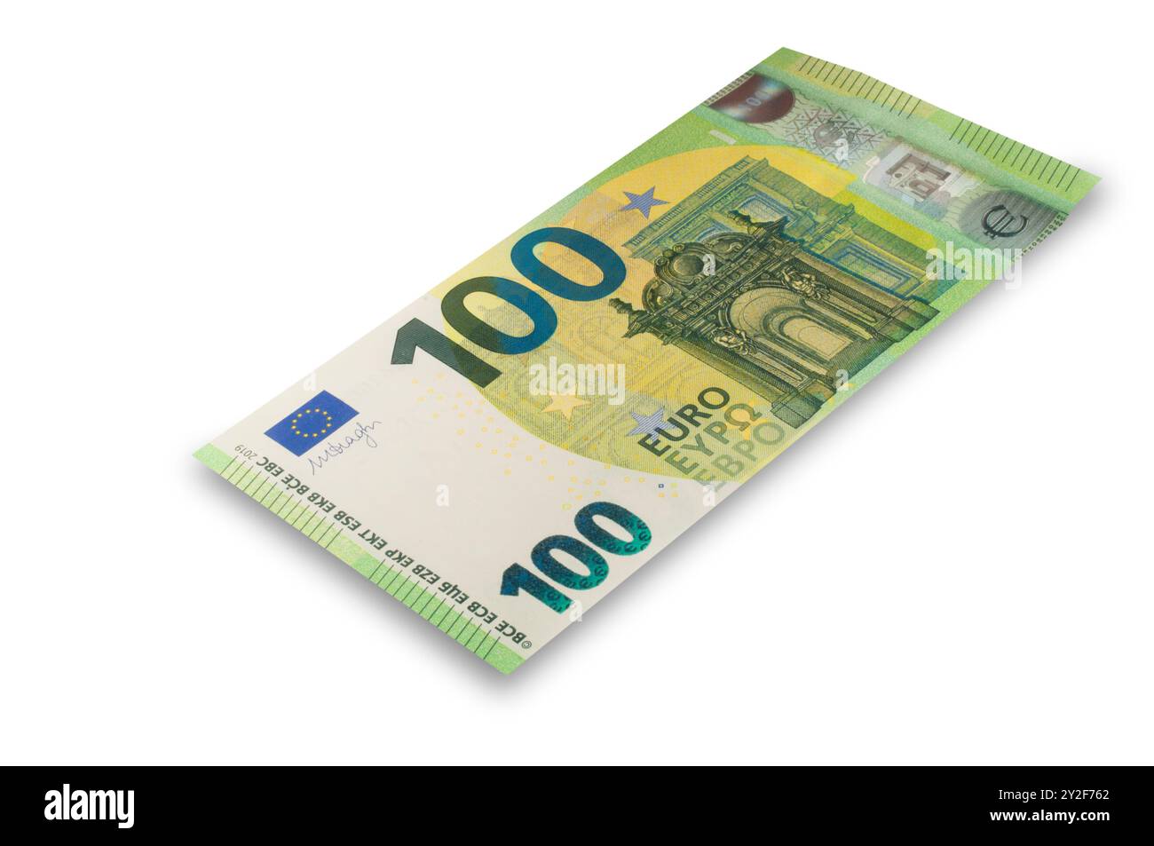 Studio shot of a 100 hundred euro banknote cut out against a white ...