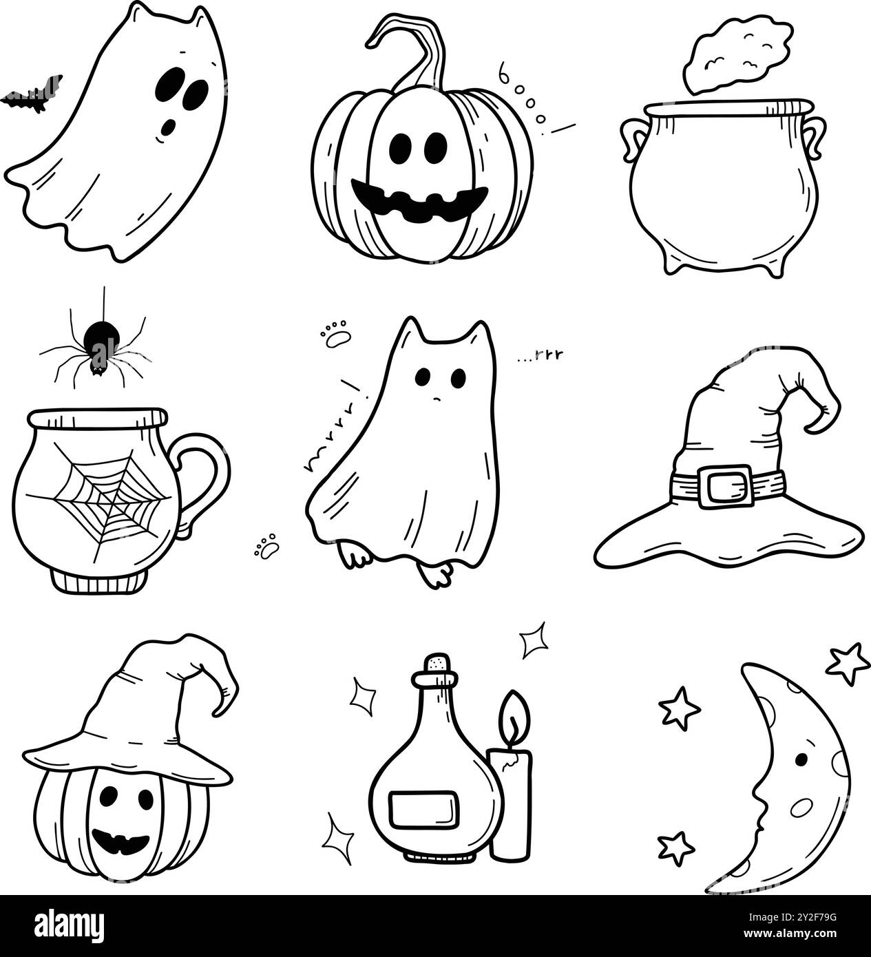 Traditional Halloween symbols: ghosts, ghost cat, pumpkin, witch hat ...