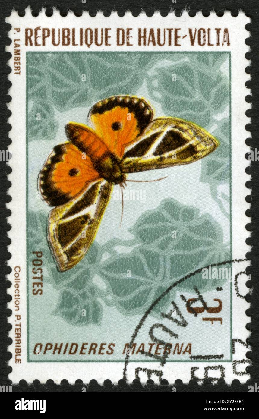 Timbre oblitéré République de Haute-Volta, Ophideres materna, Postes, 3 ...