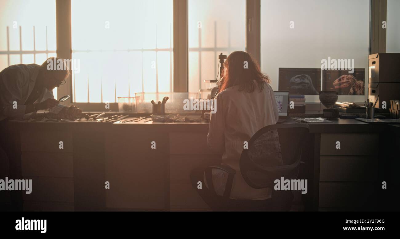 Female scientist analyzes fossil sample under microscope, then comes to ...