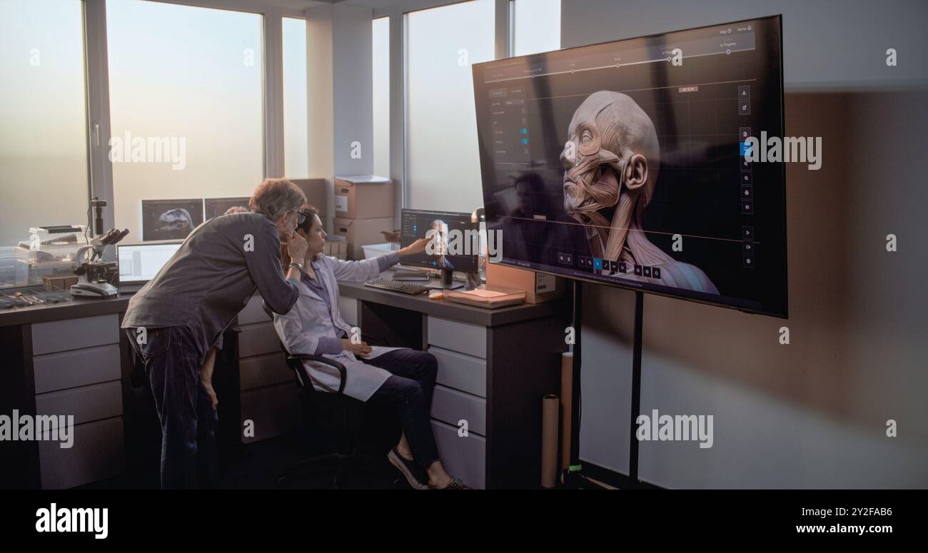 Male and female archaeologists talk, conduct historical research using ...