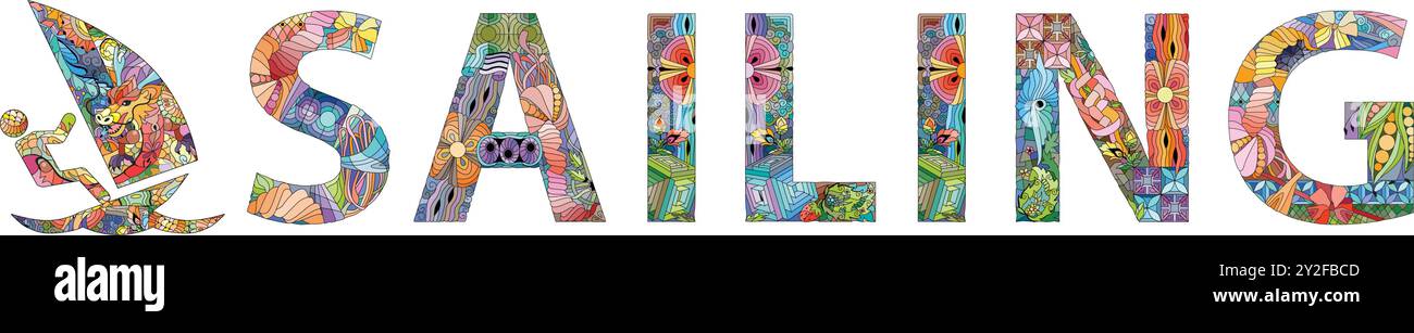 Word SAILING with sports icon. Vector decorative zentangle object for ...