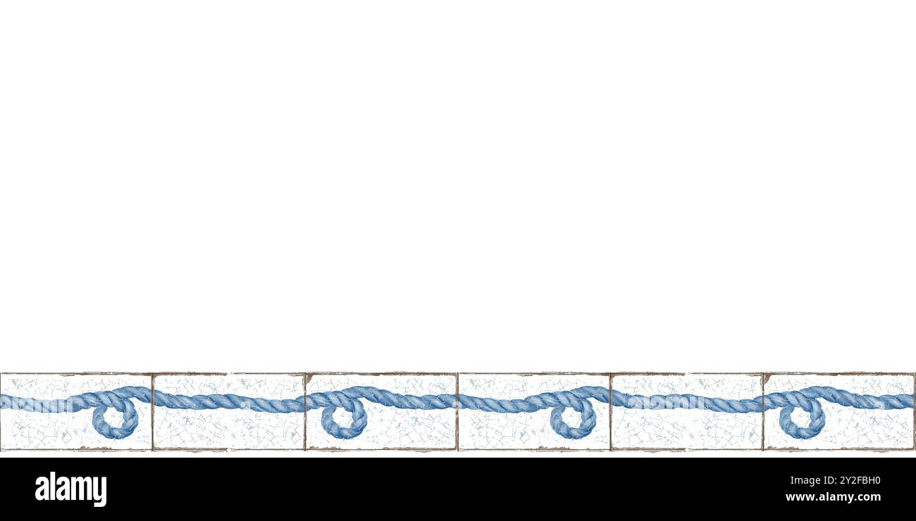 Seamless border loop of nautical rope. Blue and white monochrome color ...