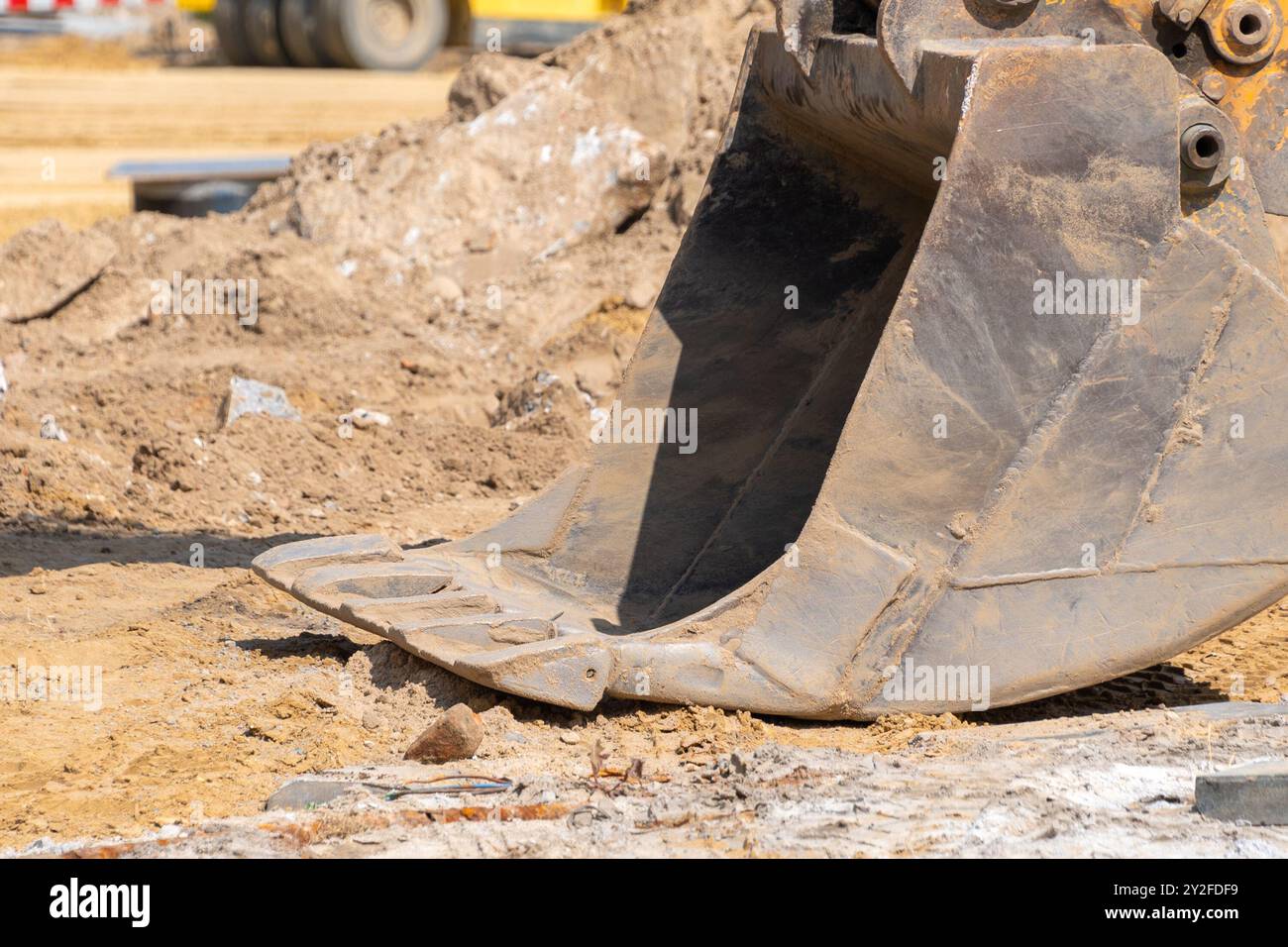 Excavator bucket, close-up. Construction work at a construction site ...