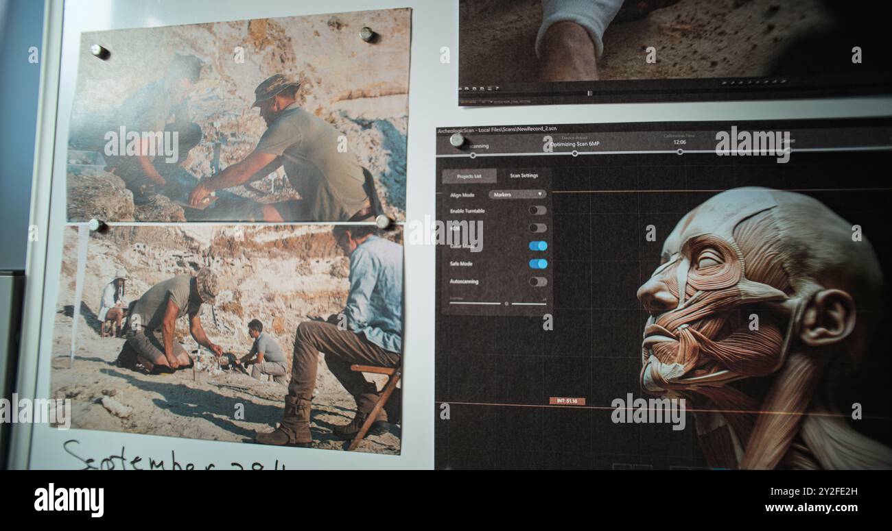 Board with printed images of 3D model of Neanderthals. Three ...