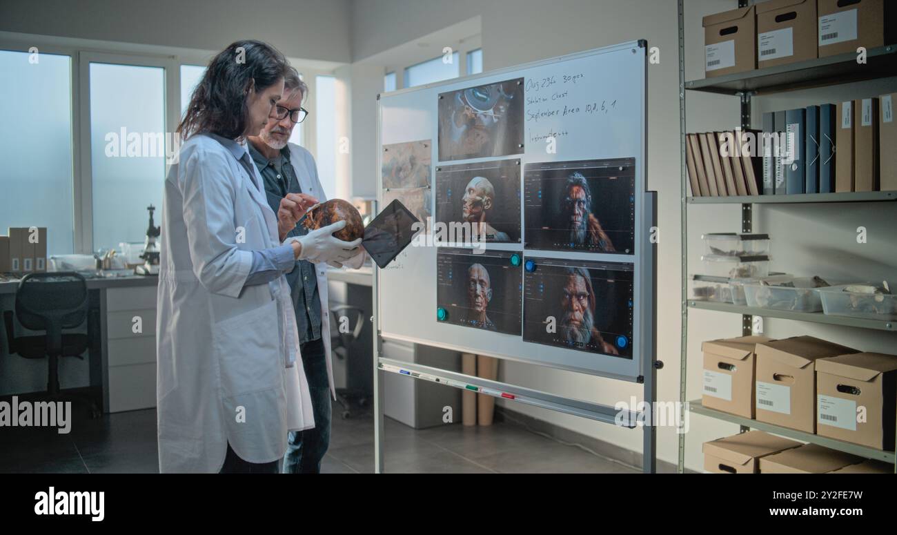 Male and female scientists study fossil skull of ancient man using ...