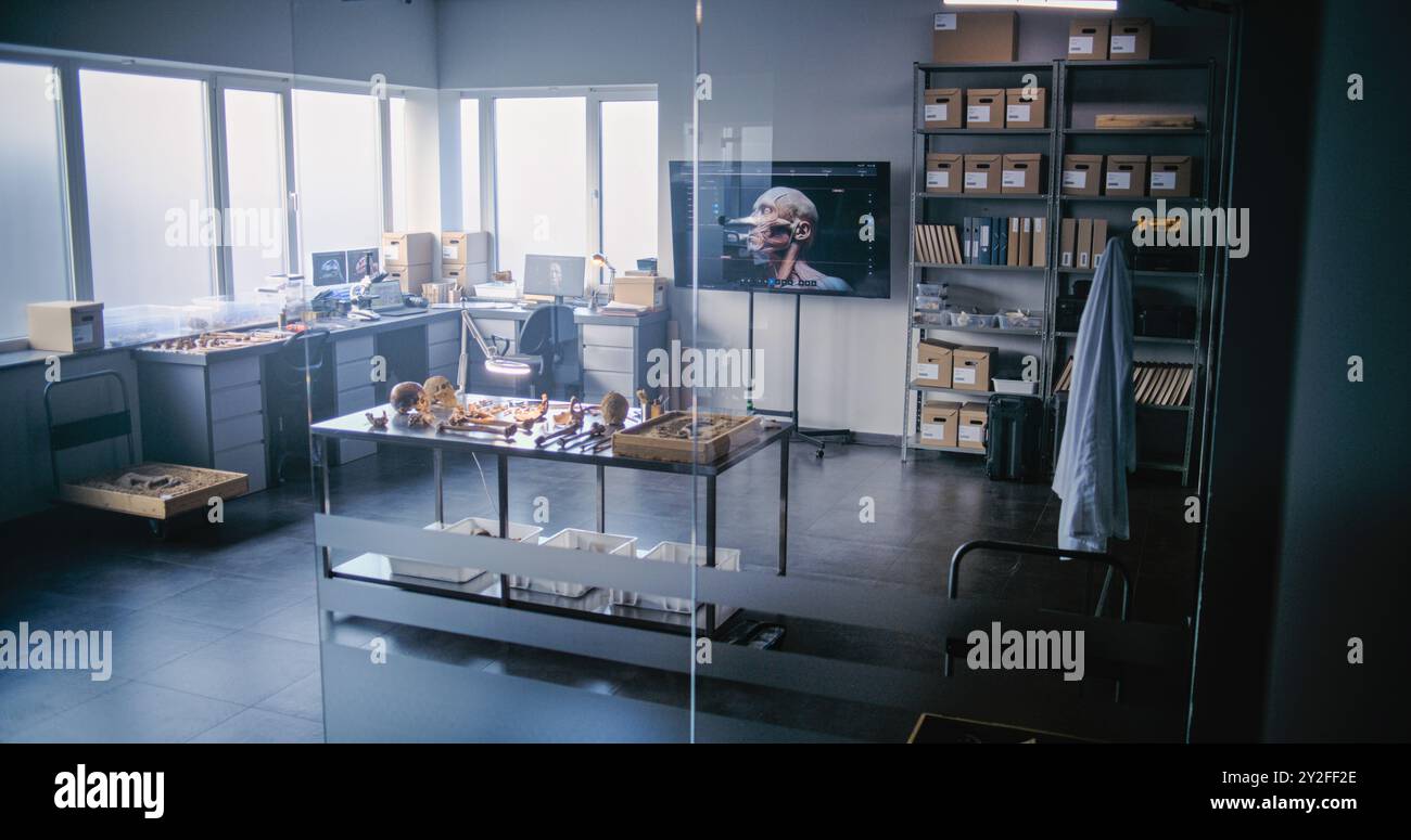 Full shot of modern archaeological science lab with advanced equipment ...