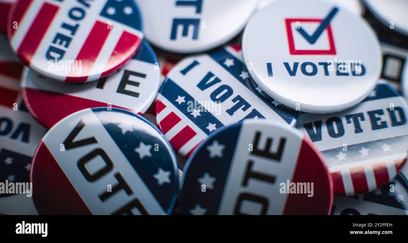 Close up of patriotic badges with American flag logo and inscription ...
