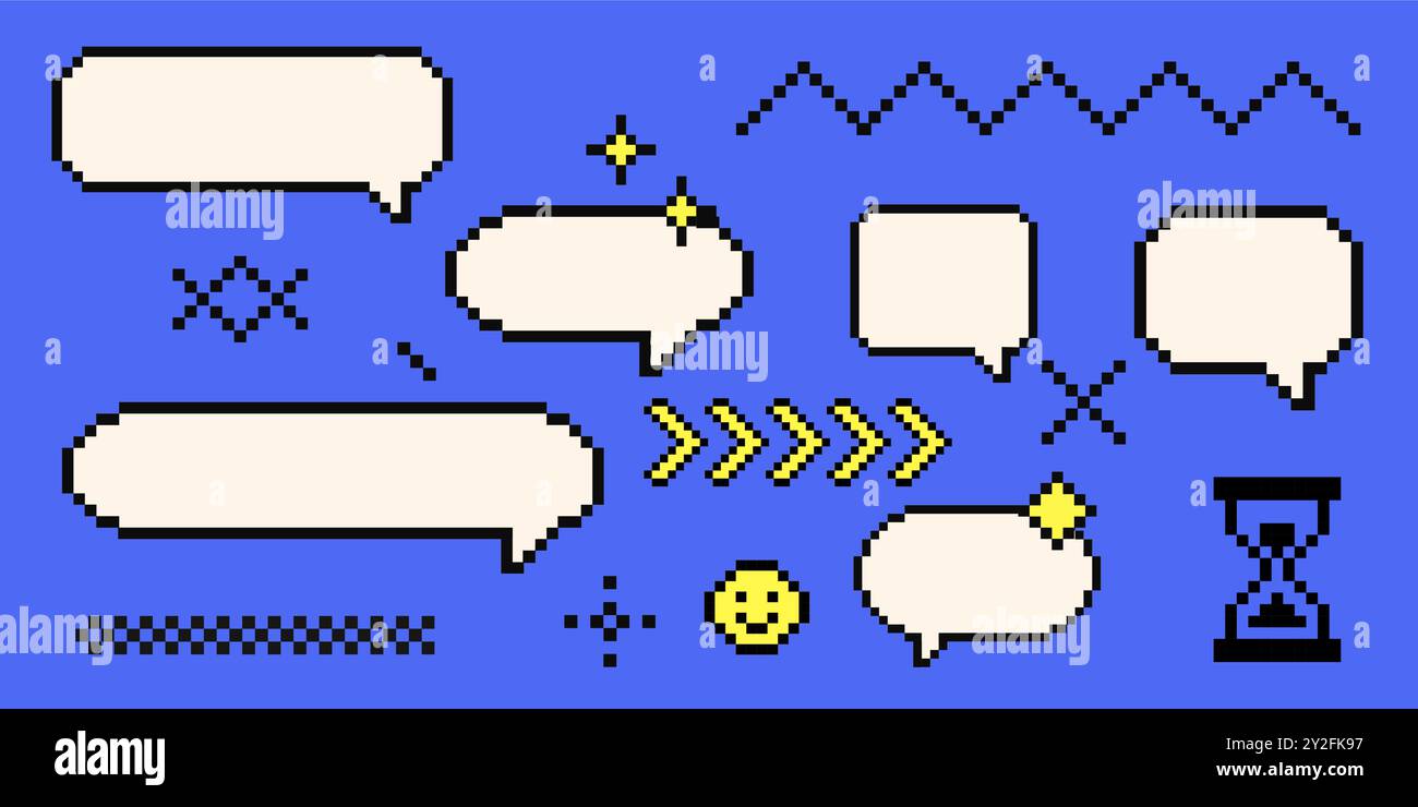 Set of pixel art cloud bubble quote box speech bubble dialog retro 8 bit arcade game interface ...