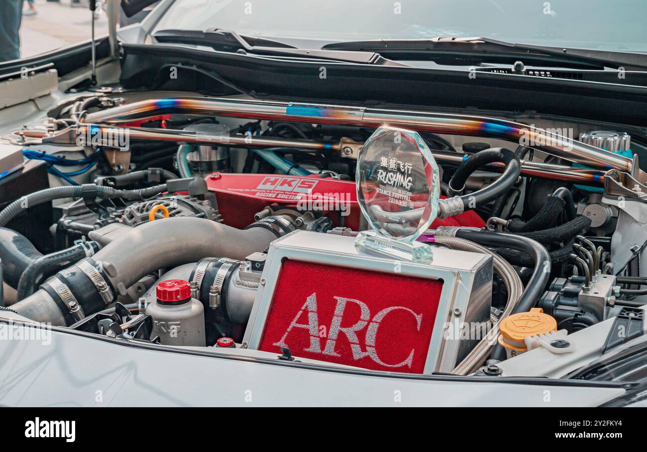 Suzhou, China - March 30, 2019: Modified Subaru engine bay with ...