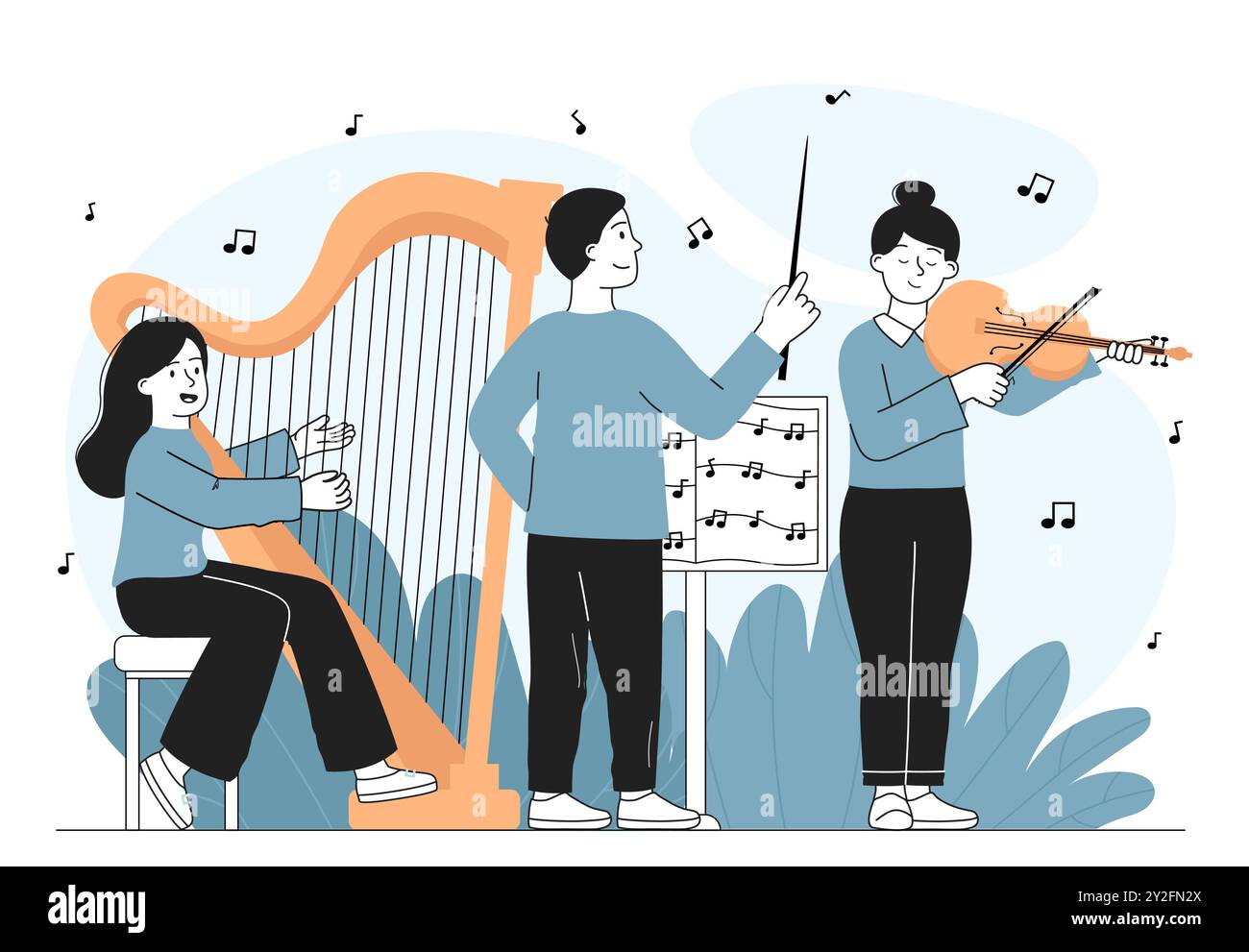 Musical orchestra with conductor. Man and women with harp and violin ...