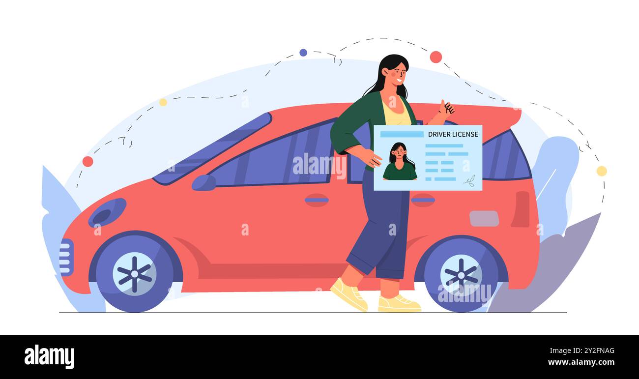 Woman with driver license. Young girl with huge ID near car and ...