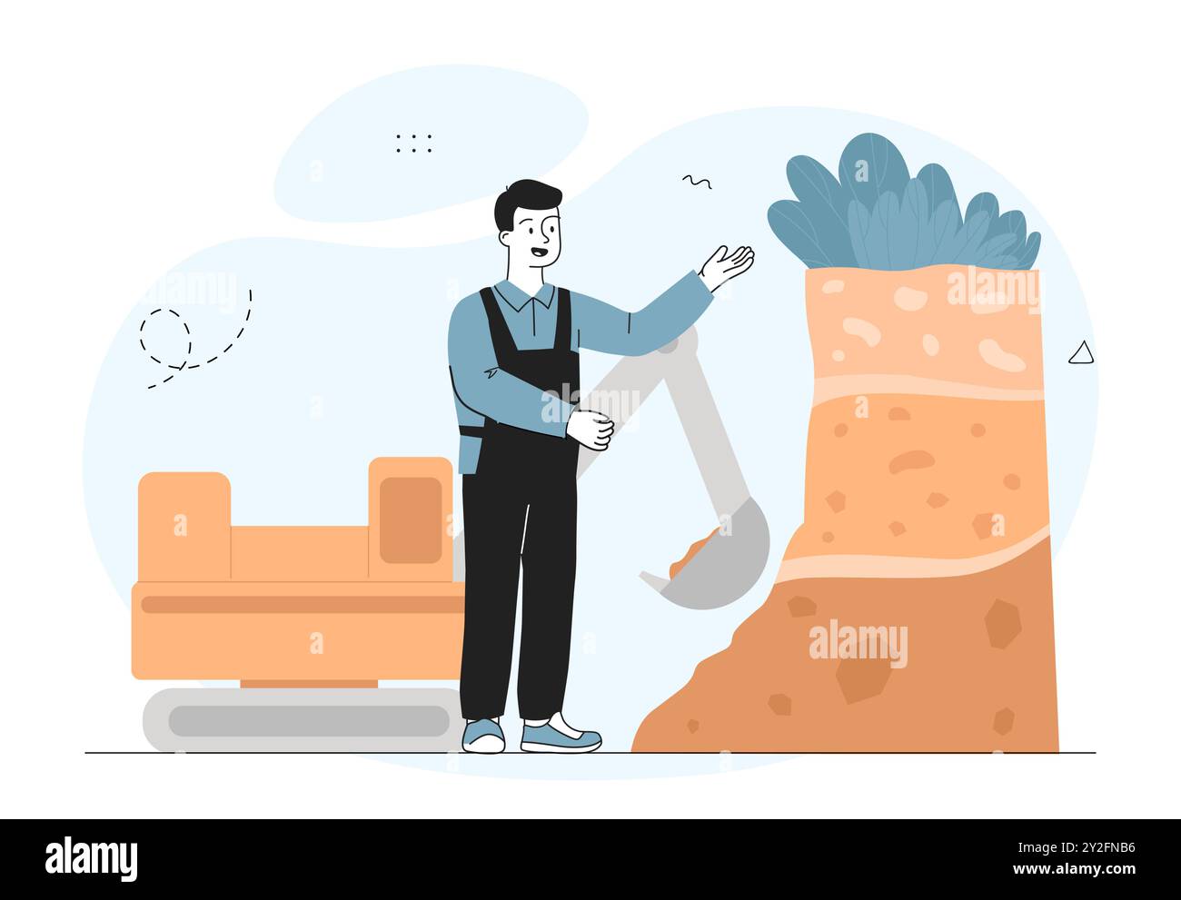 Man excavator operator. Worker with construction equipment digging ...