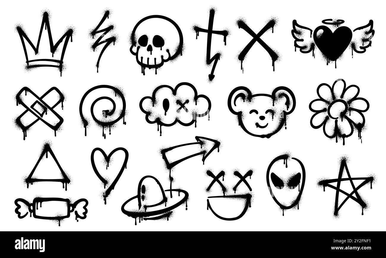 Grunge ink graffiti spray paint. Vector set of black graffiti-style ...