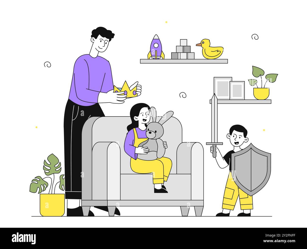 Father and children playing. Man plays with girl wearing crown and boy ...