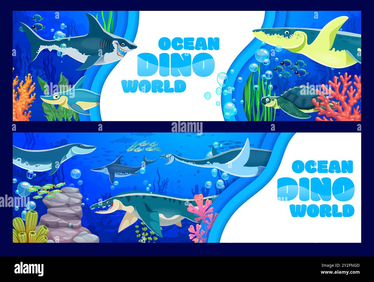 Cartoon underwater prehistoric dinosaurs and reptiles, paper cut ...