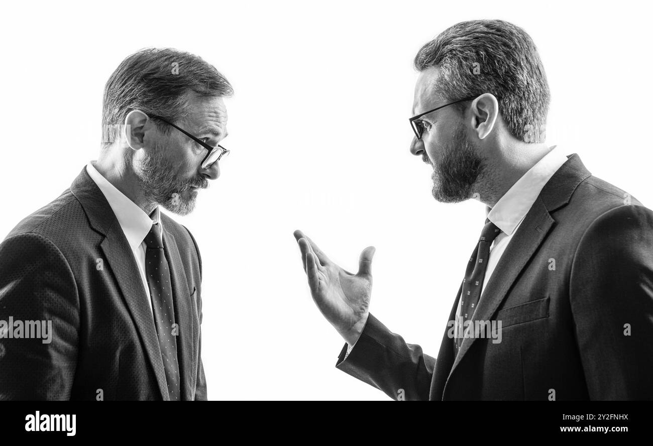 two businessmen conflicting at rivalry isolated on white. businessmen ...