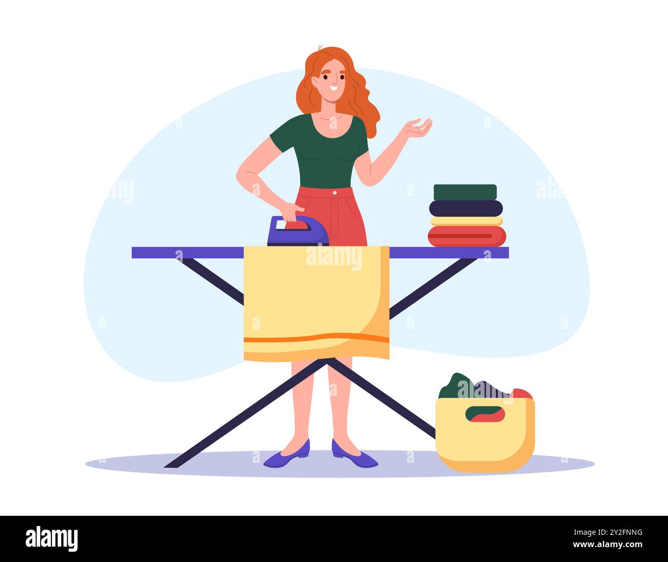 Woman irons clothes. Young girl irons clothes and apparel. Housekeeping ...
