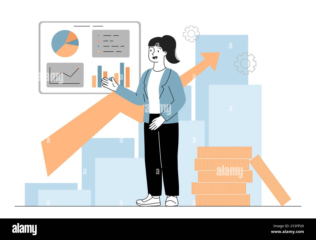 Woman with financial literacy. Young girl near graphs and diagrams ...