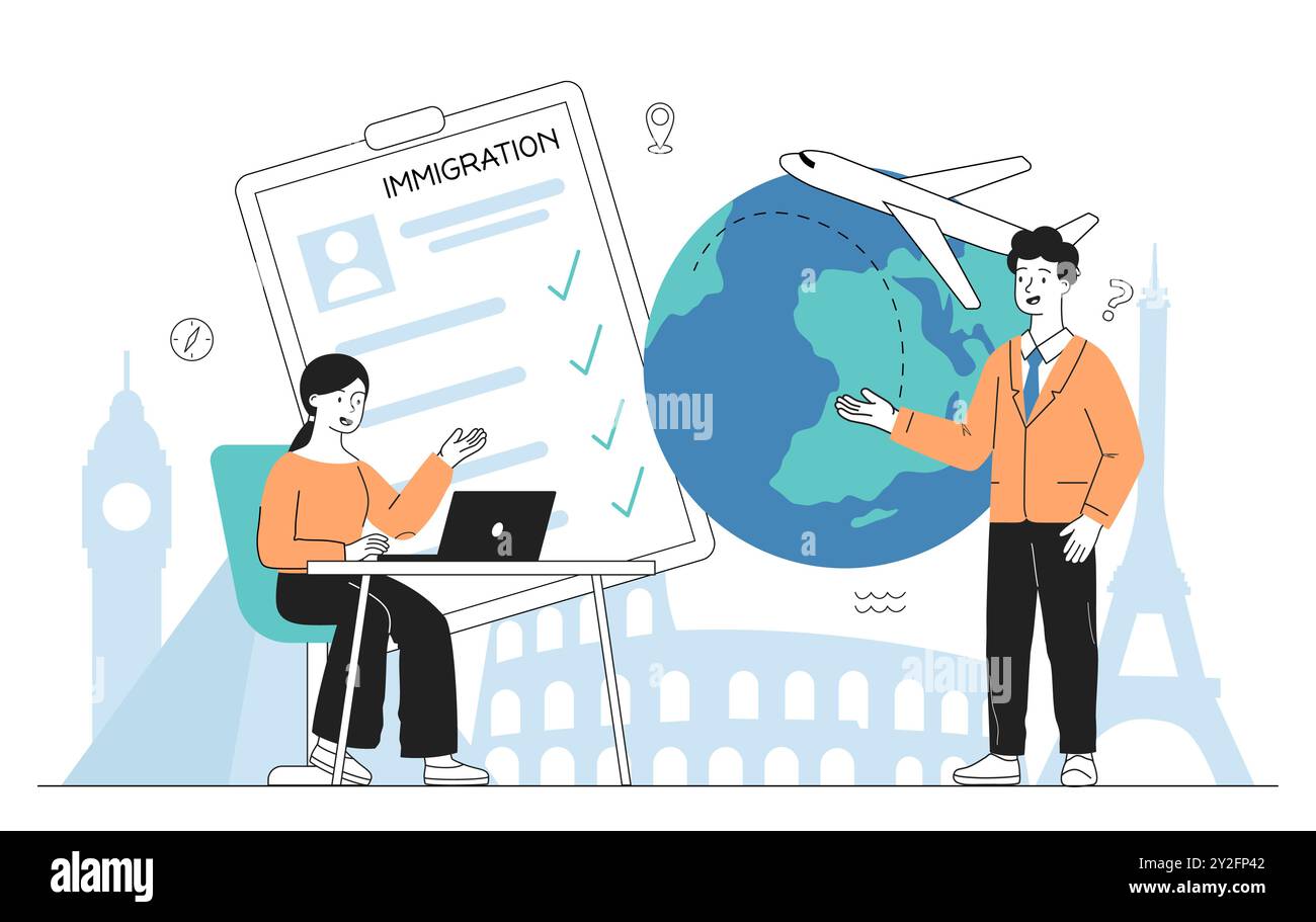 People with immigration. Man and woman with laptop choosing country to ...