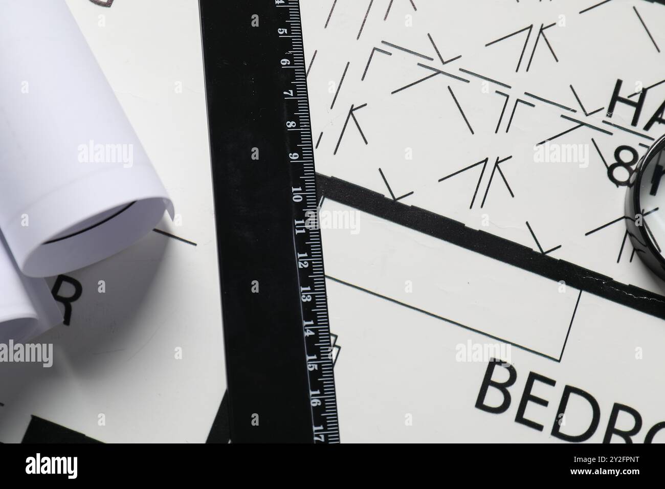 Ruler on different engineering drawings, top view Stock Photo - Alamy