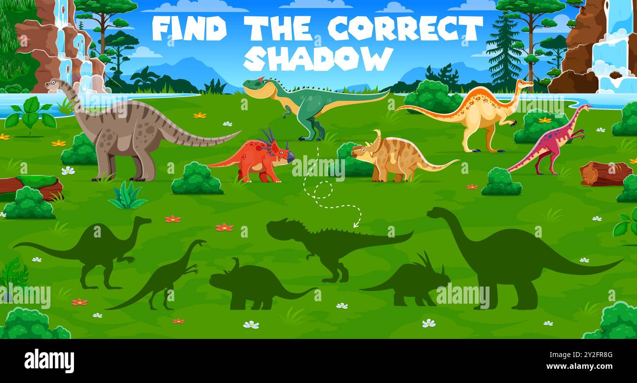 Find the correct shadow of prehistoric dinosaurs. Kids vector game ...
