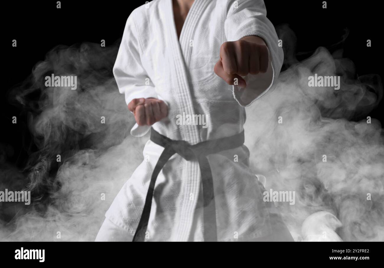 Karate fighter in smoke on black background, closeup Stock Photo - Alamy