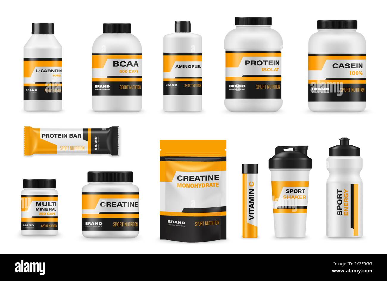 Protein sport nutrition supplement package mockups. Pill bottles, protein tub, gainer whey ...