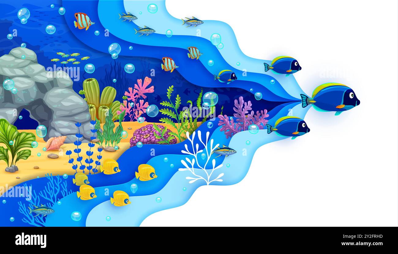 Paper cut underwater landscape with tropical fish shoal. 3d vector ...