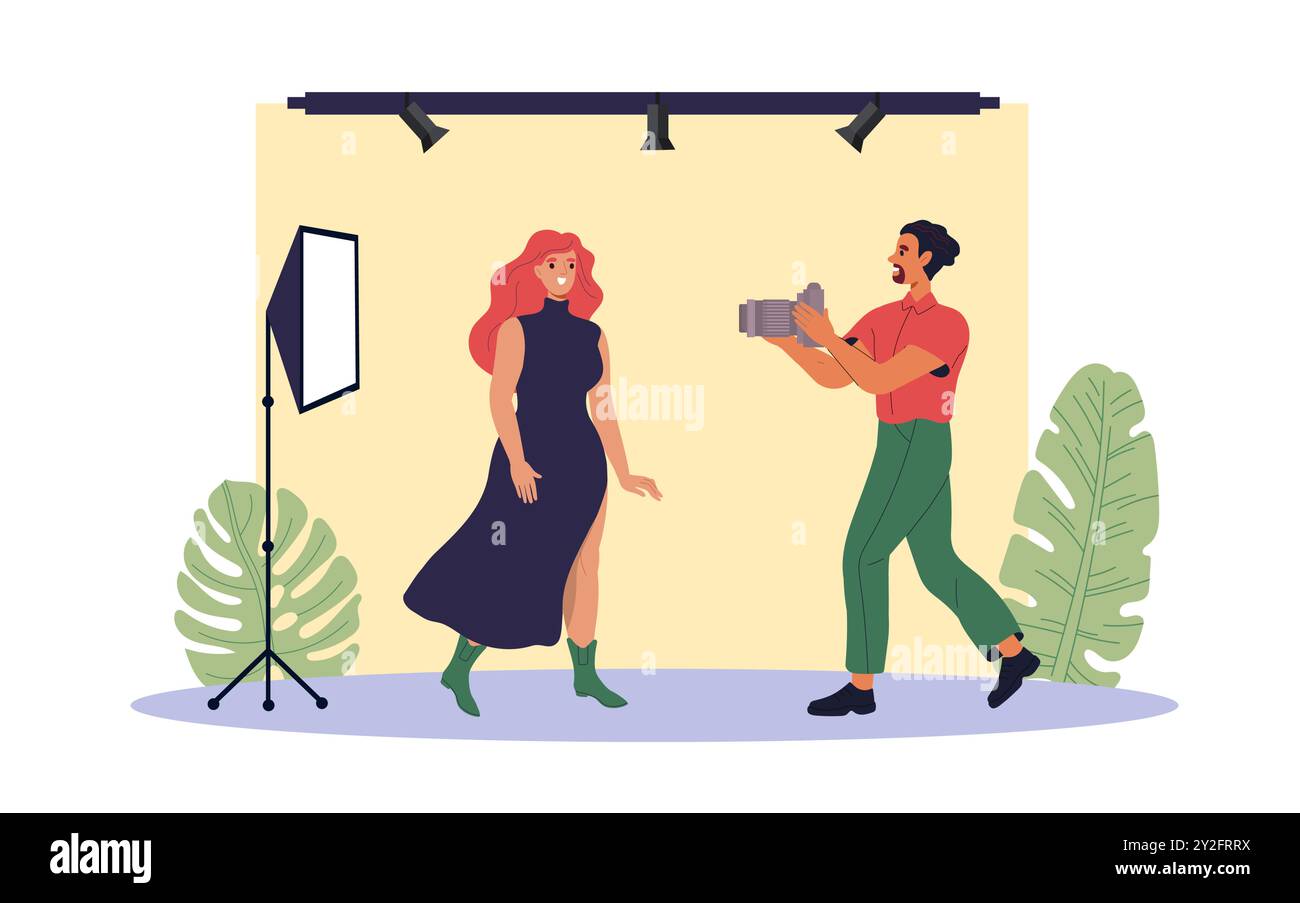 Model at photo shoot. Man with camera takes photograph of woman ...