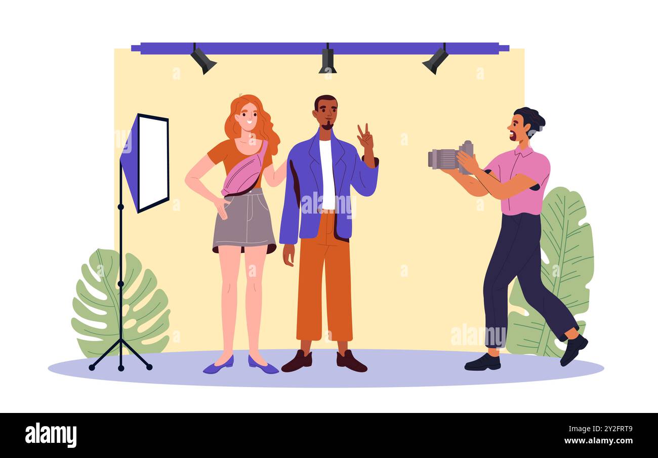 People at photo sessions. Man with camera takes photograph of young guy ...