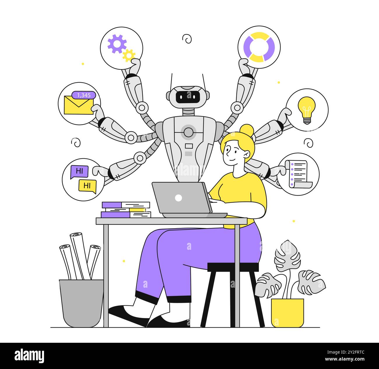 Woman with multitasking bot. Young girl near automatic bot with many ...