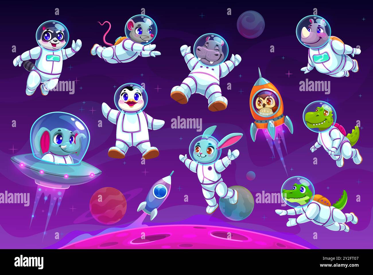 Cartoon animal astronauts characters in galaxy outer space. Cute ...