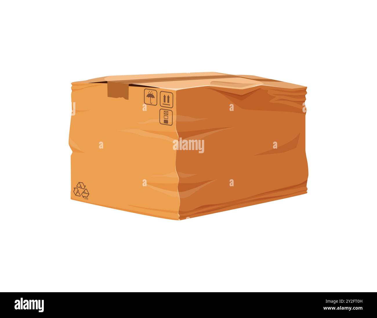 Damaged cardboard box that appears crumpled and broken. Isolated cartoon vector package shows ...