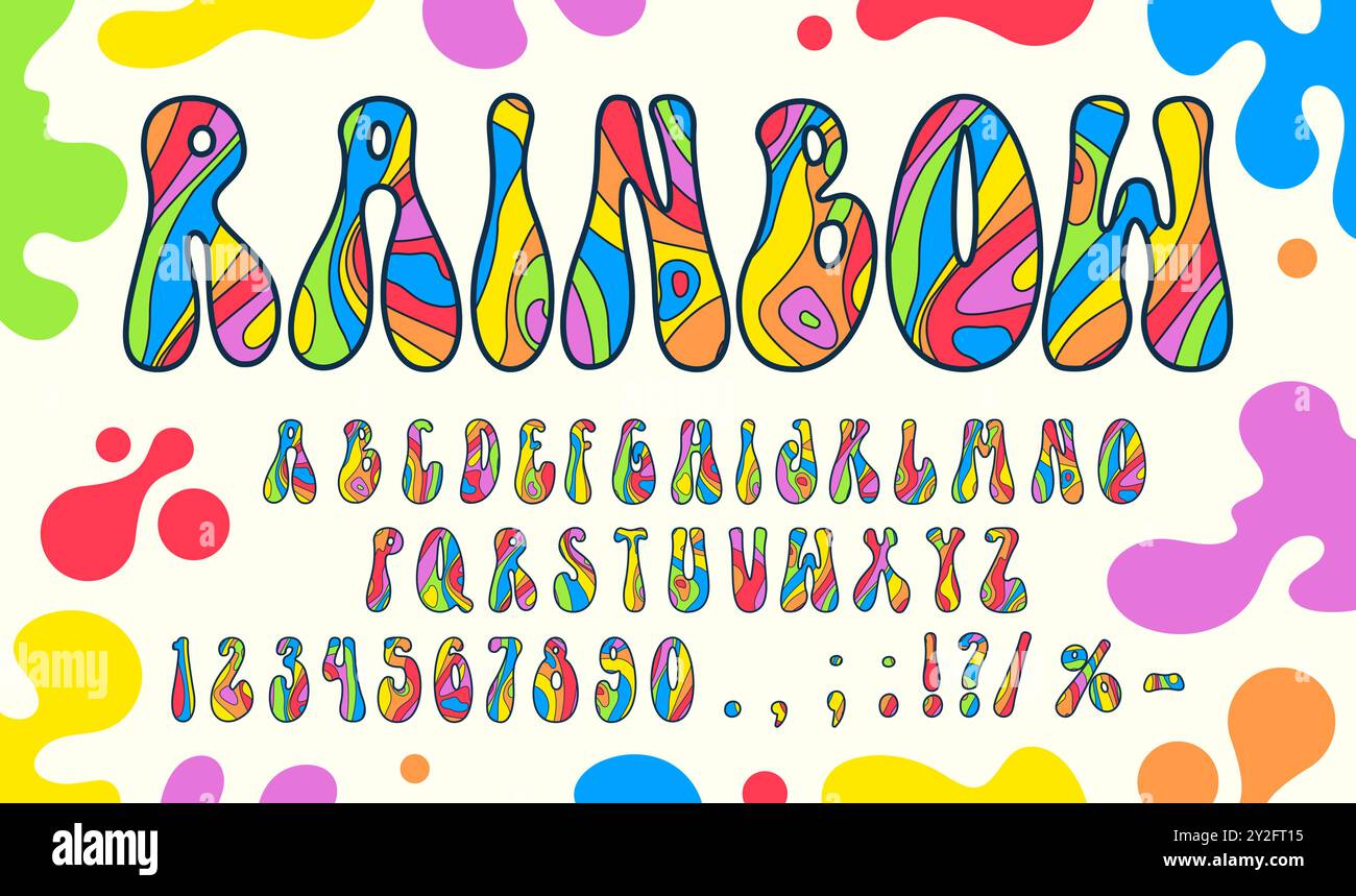 Retro 60s hippie typeface and psychedelic rainbow font of 70s groovy type, vector bold wavy ...