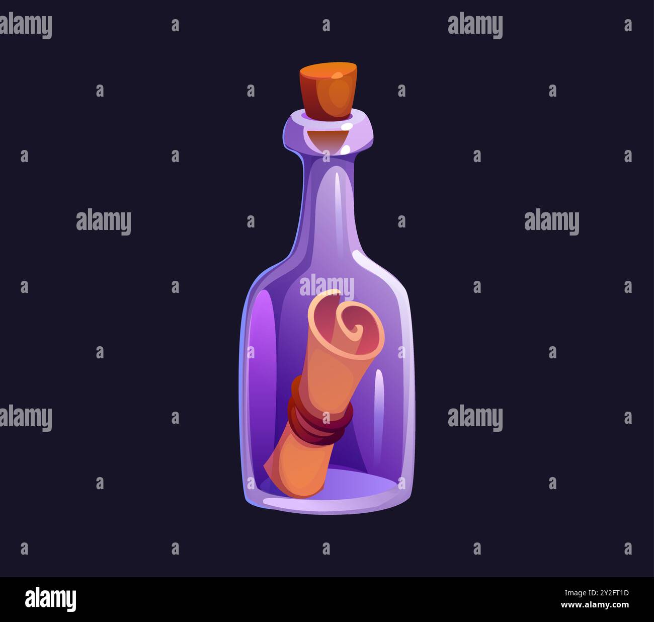 Cartoon bottle with treasure map. Isolated vector transparent glass ...
