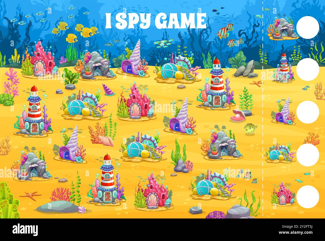 I spy game worksheet, underwater cartoon houses. Vector riddle for kids ...