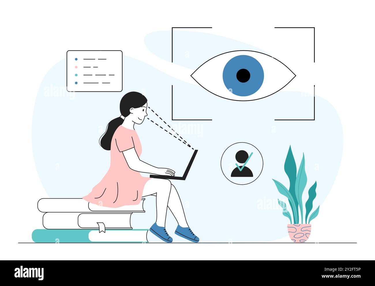 Woman with scanner of eye. Girl with laptop undergoes biometric ...