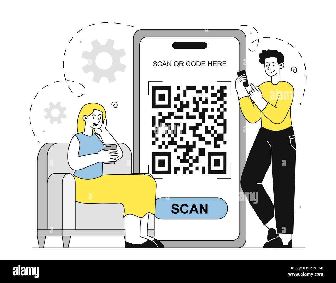 People with QR code. Man and woman with smartphones scanning qr code ...