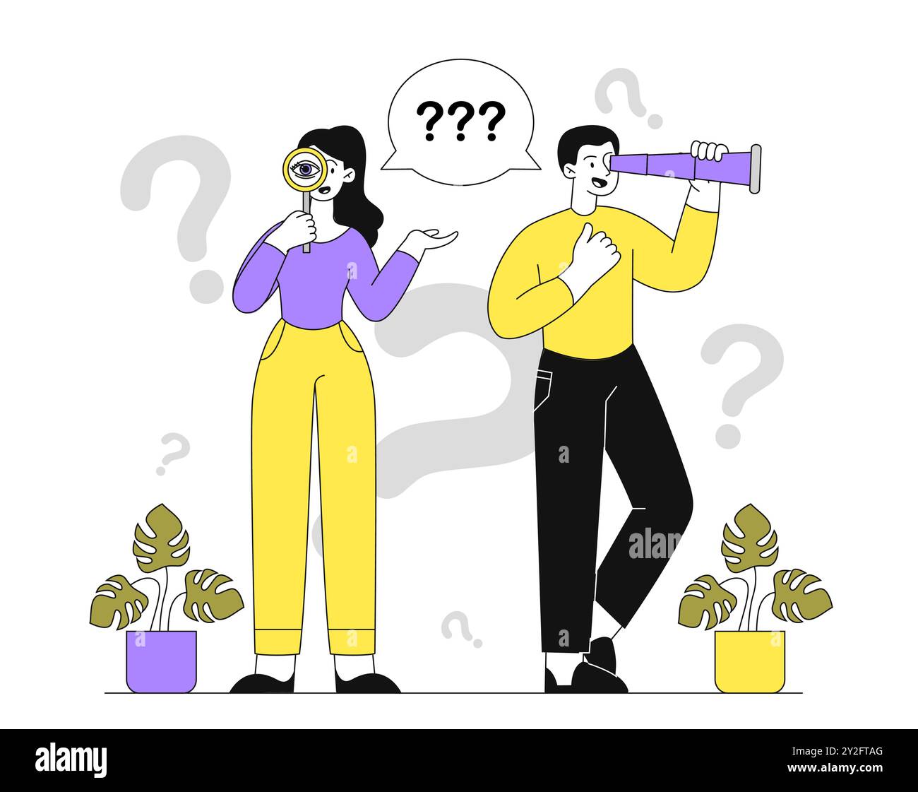 People peeping concept. Woman with magnifying glass and man with ...