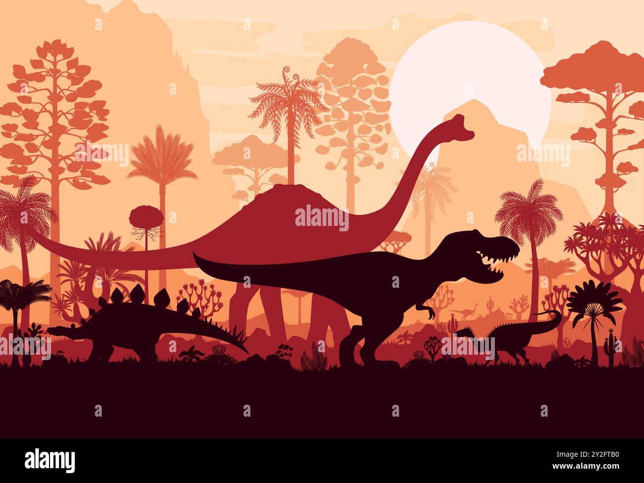 Prehistoric dinosaurs silhouettes in tropical jungles. Vector scene ...