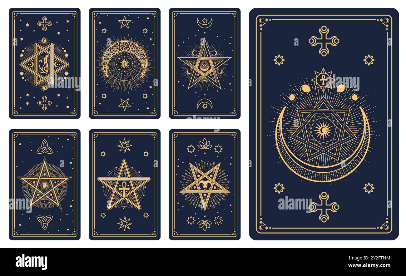 Magic occult Tarot cards with esoteric signs and mystic symbols in ...