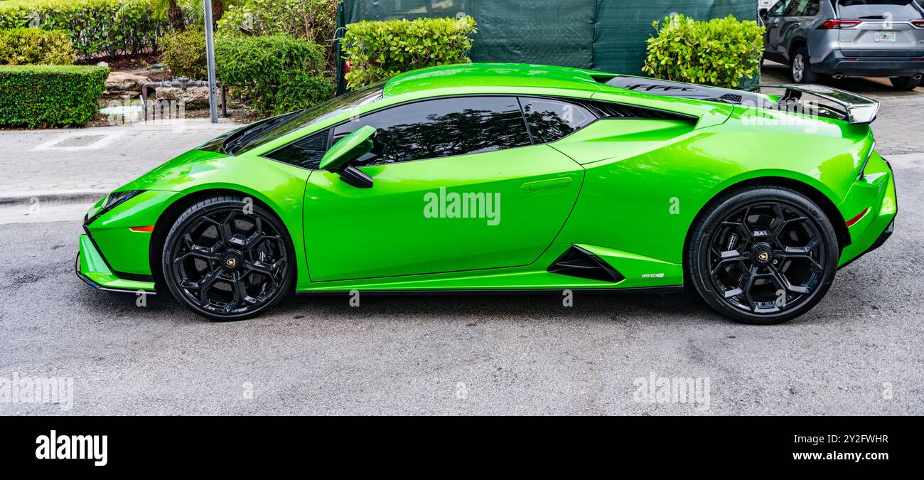 Miami Beach, Florida USA - June 9, 2024: 2023 Lamborghini Huracan Tecnica green at miami beach ...