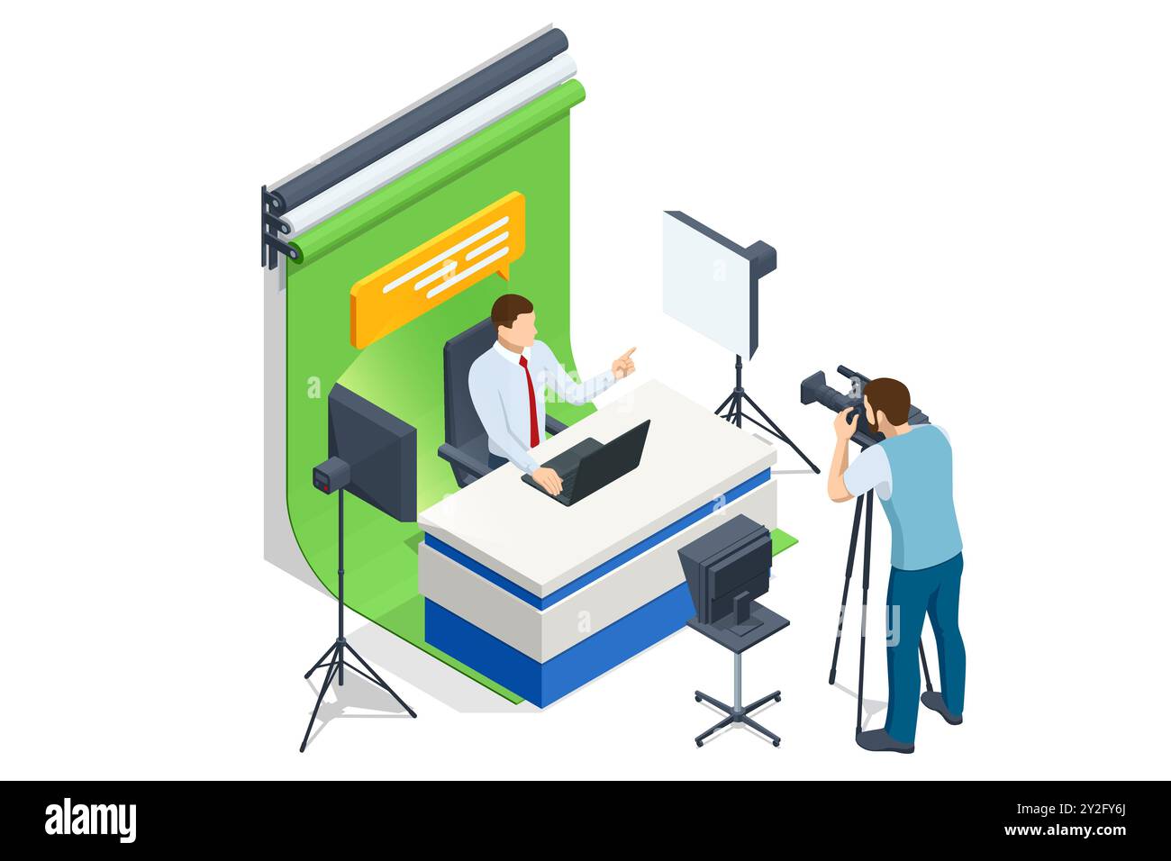 Isometric TV studio. NEWS studio with light equipment ready for ...