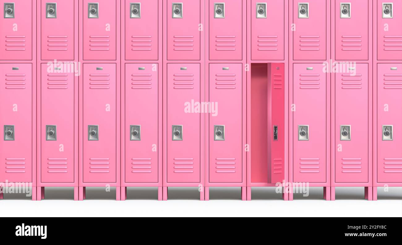 Row of pink opened empty school lockers standing on white background 3d ...