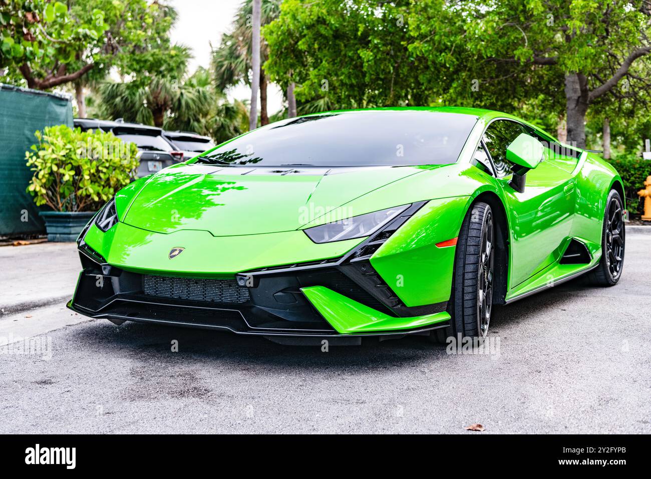 Miami Beach, Florida USA - June 9, 2024: 2023 Lamborghini Huracan Tecnica green at miami beach ...